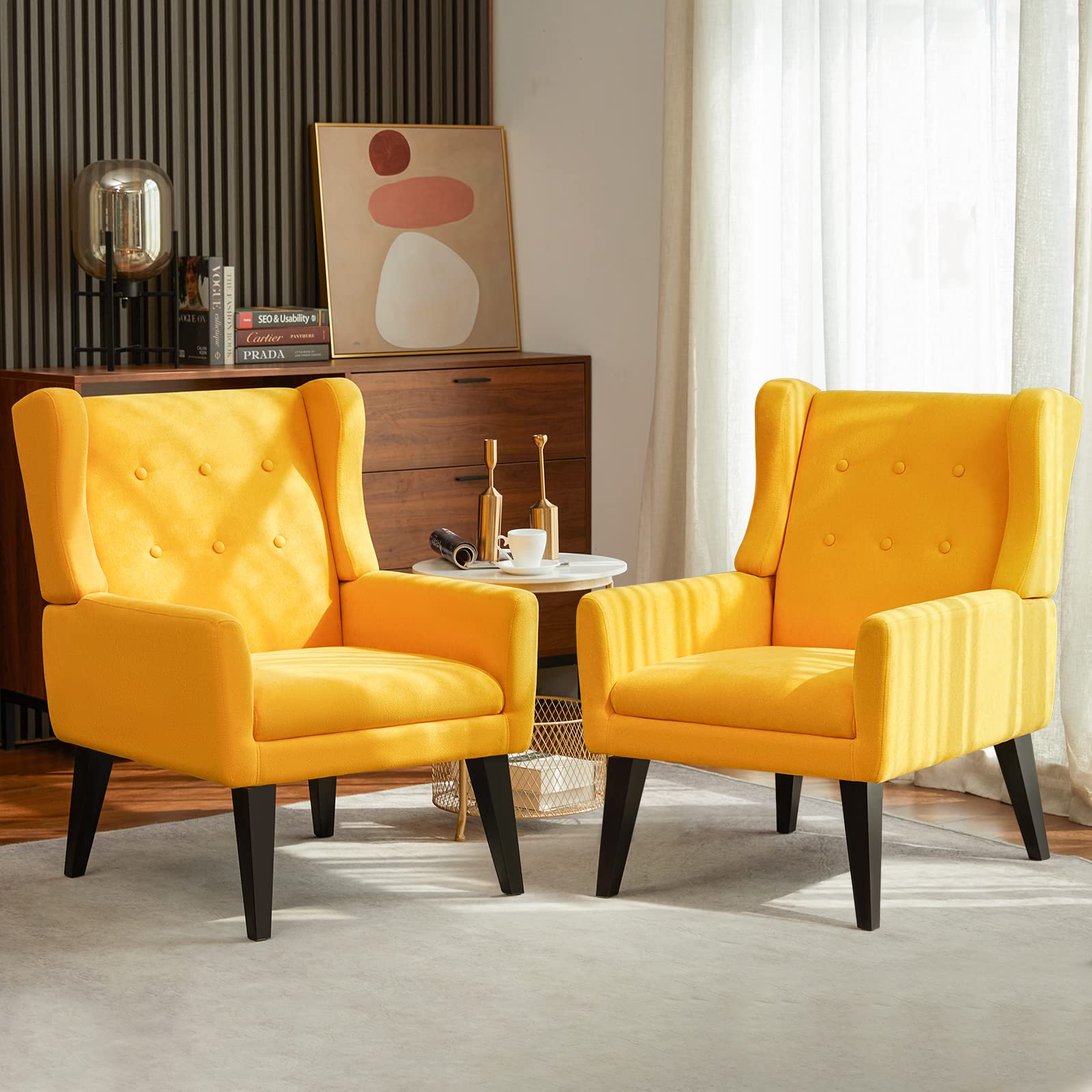 ELUCHANG Upholstered Accent Chair,Mid Century Modern Fabric Armchair,Comfy Wingback Chairs for Living Room Bedroom(2PCS,Yellow)