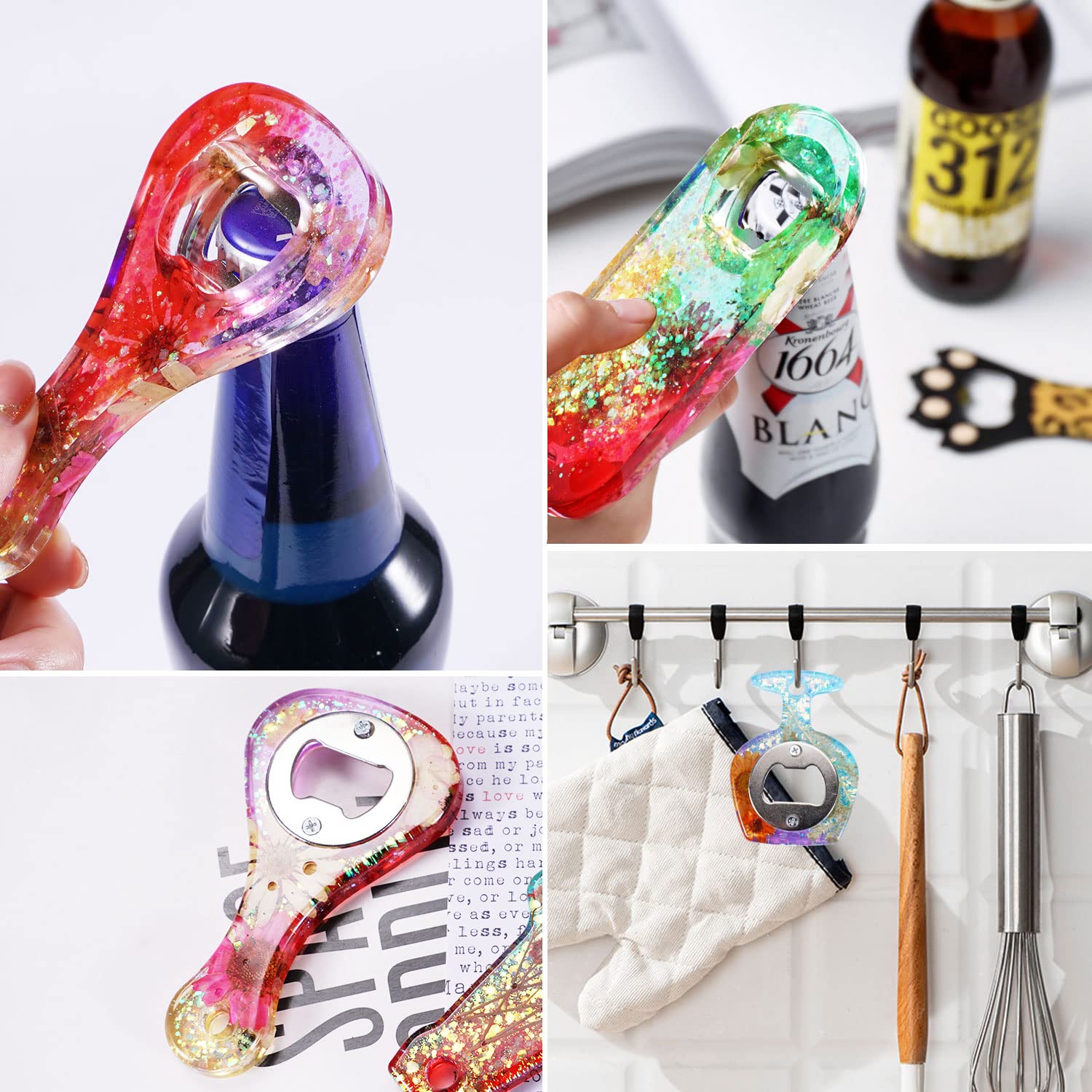 LUXWIN Bottle Opener Resin Molds Kit, Beer Opener Resin Keychain Molds with Stainless Steel Resin Accessories, Silicone Molds for DIY Keychain, Beer Spanner Bottle Opener