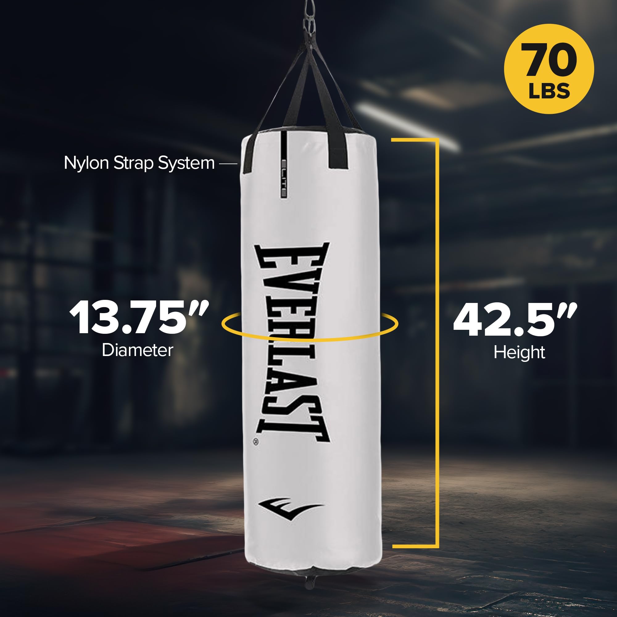 Everlast Elite 2 NevaTear 80 Pound Hangable Heavy Punching Bag with Dual Hanging Strap and Swivel Mount for Boxing and Martial Arts Training, White