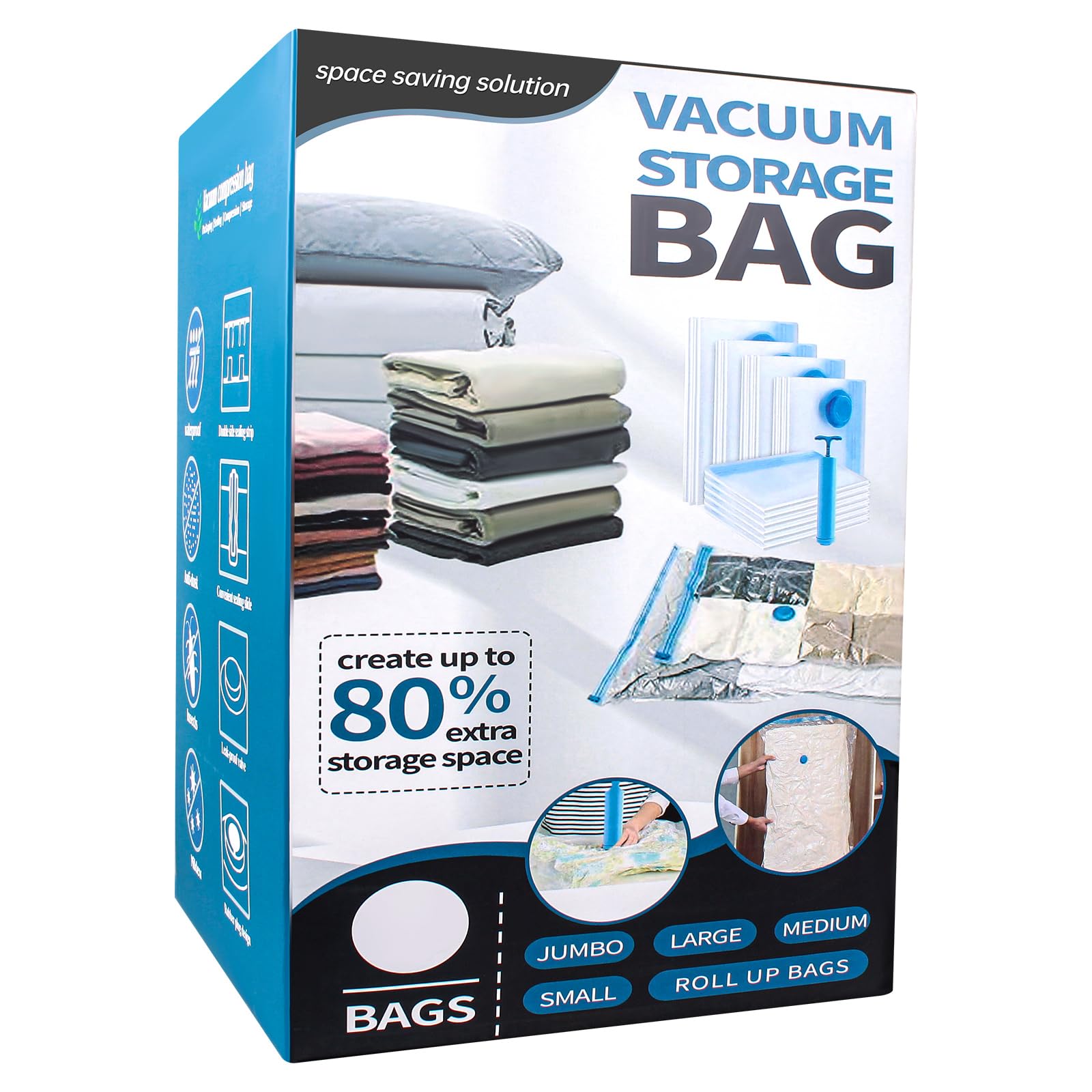 NOEAIKE 20 Pack Vacuum Storage Bags with Hand Pump,Space Saver Vacuum Seal Bags(4Jumbo 4Large 4Medium 4Small 4Roll Up) Compression Bags for Packing/Moving for Clothes,Blankets,Bedding,Comforter