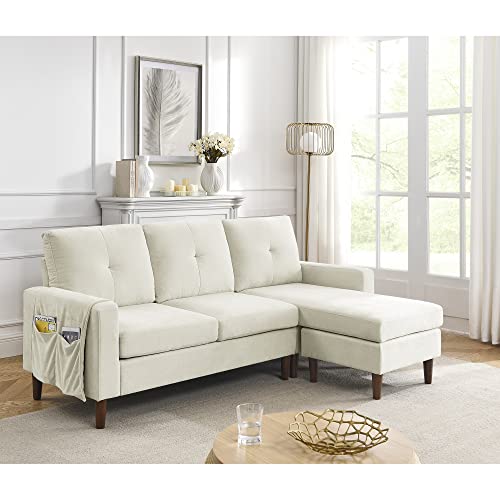MOEO 3 Seat Sofa with Removable Ottoman and Cushions, L-Shape Chenille Convertible Couch w/Pocket & Rubber Wood Legs, Perfect for Living Room, Aapartment, Small Space, 80", Beige