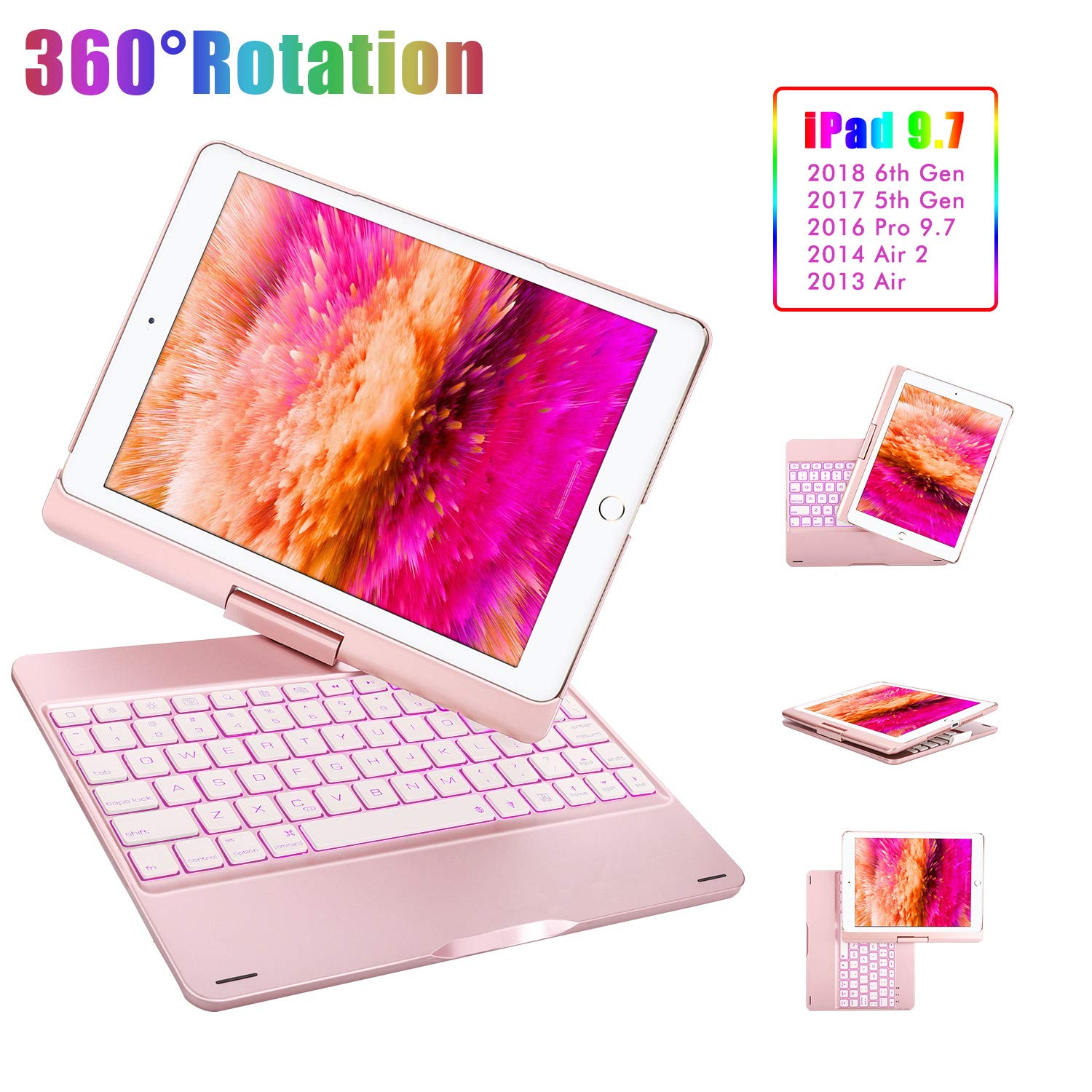 iPad Keyboard Case 9.7 for iPad 2018 (6th Gen) - 2017 (5th Gen) - iPad Pro 9.7- iPad Air 2/Air 1 - Backlit 10 Colors Light - Wireless Keyboards Auto Sleep/Wake iPad Case with Keyboard - Rose Gold
