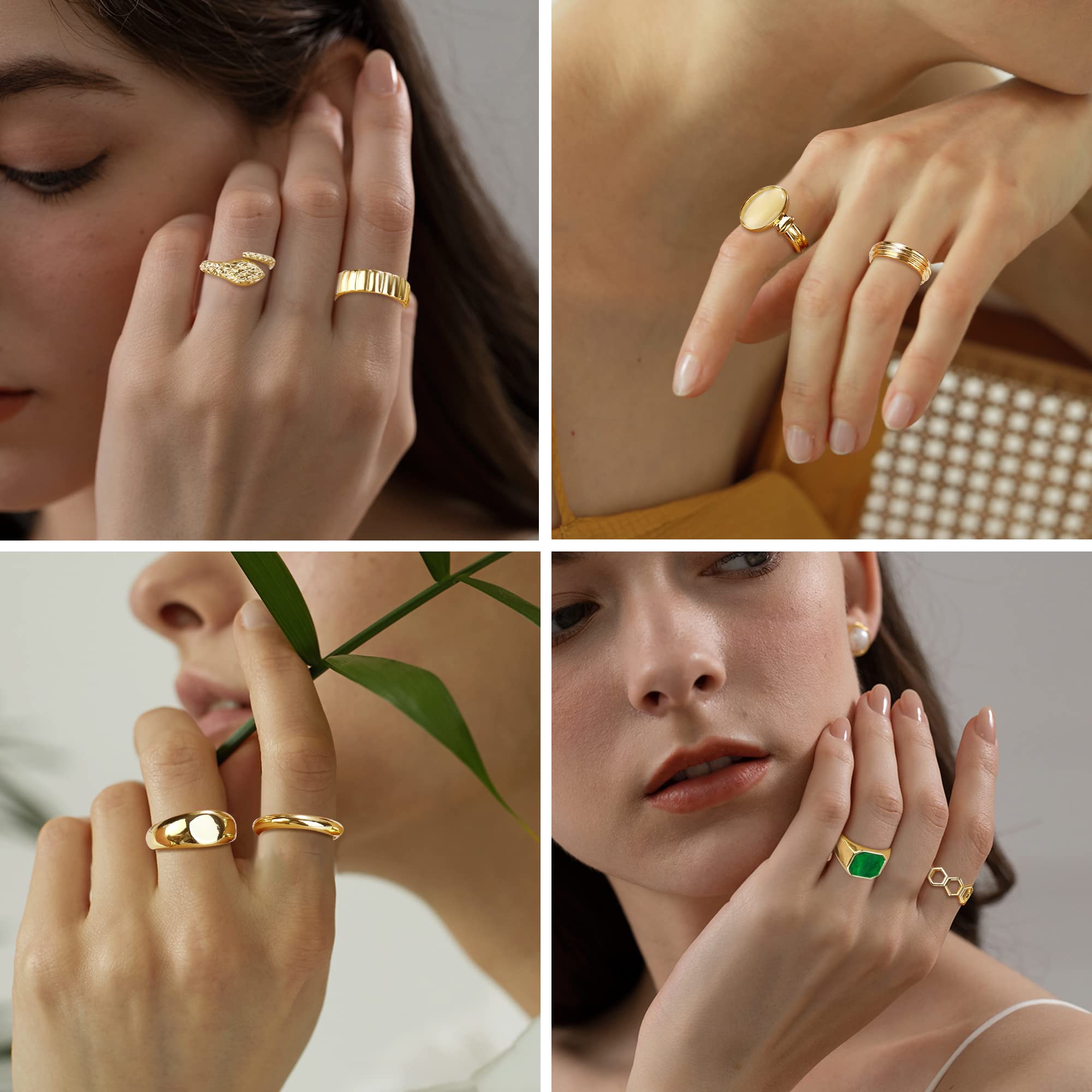 HAIAISO 20Pcs Gold Dome Chunky Rings Set for Women 18K Gold Plated Crystal Snake Heart Signet Ring Adjustable Open Band Rings Size 4-9