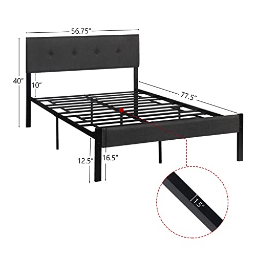 LTMEUTY Full Bed Frame - Metal Platform Bed Frame, Mattress Foundation with Upholstered Headboard, for Boys, Teen, Young, Metal Support and No Box Spring, Gray