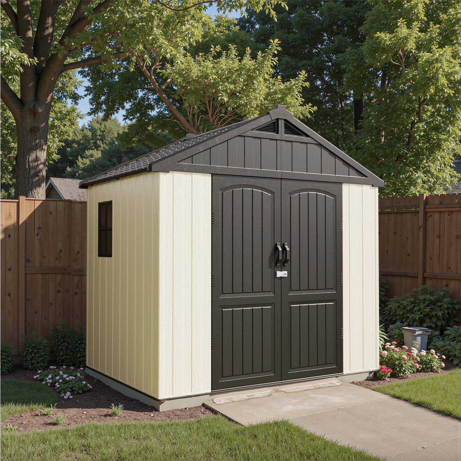 Patiolife 8.1x6.1 FT Resin Outdoor Storage Shed with Floor, Window and Lockable Door, Easy Installation in Gray and White