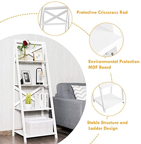 LUARANE Modern 4-Tier Ladder Shelf, Wooden Bookshelf with X-Shaped Frame, Free Standing Bookcase with 4 Open Storage Shelves, Organizer Shelf for Living Room Kitchen Office (2, White)