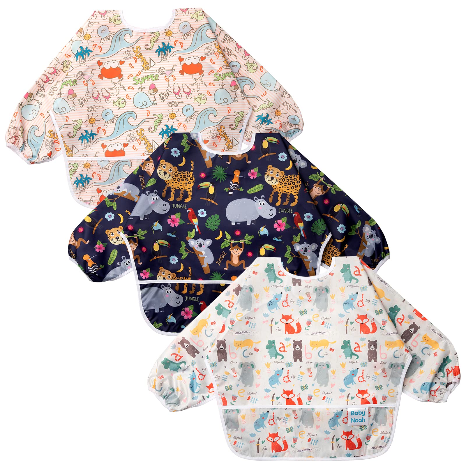Long Sleeve Bib Shirt, Baby Smock for Eating with Pockets, Full Sleeve Waterproof Bib Apron for Babies Girls Boys Feeding, 3 Pack Sleeved Bib Set
