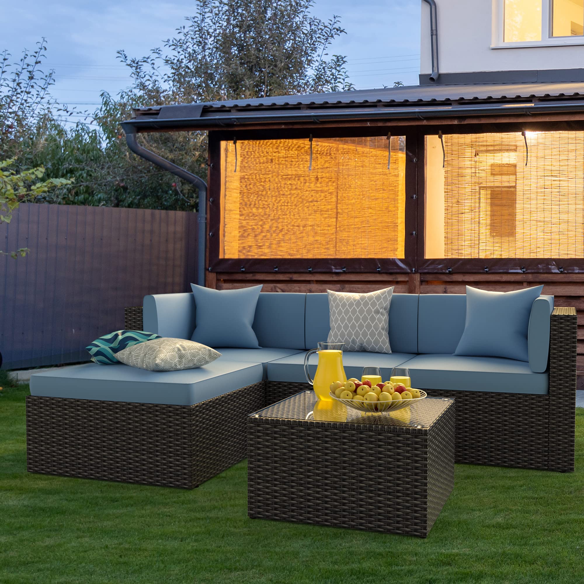 ECOLINEAR 5PCS Outdoor Patio Furniture Set Wicker Sectional Sofa w/Blue Seat & Back Cushions and Throw Pillows, Black Conversation Set