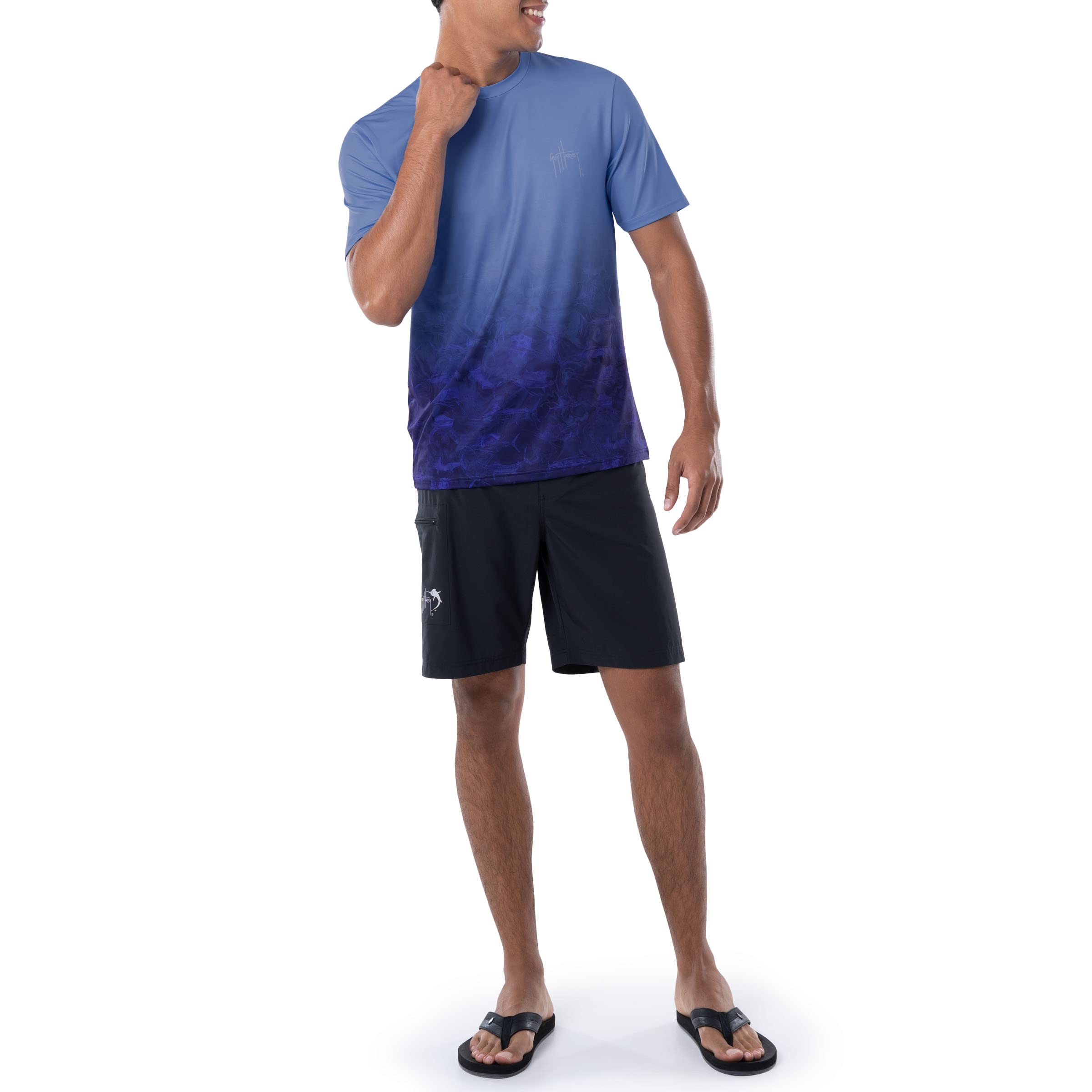Guy Harvey Men’s Short Sleeve Performance Shirt with 50+ UPF Sun Protection, Estate Blue/Ombre Bills, Large