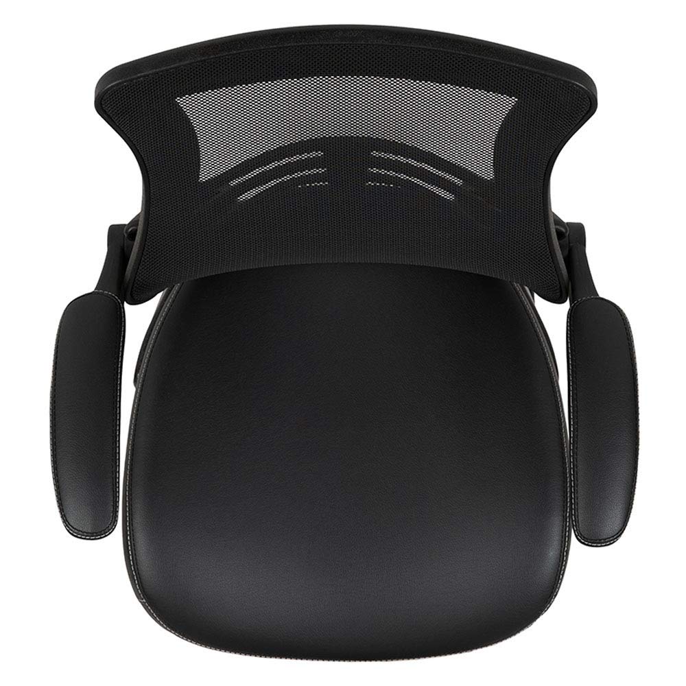 Flash Furniture Kelista Black Mesh Sled Base Side Reception Chair with White Stitched LeatherSoft Seat and Flip-Up Arms
