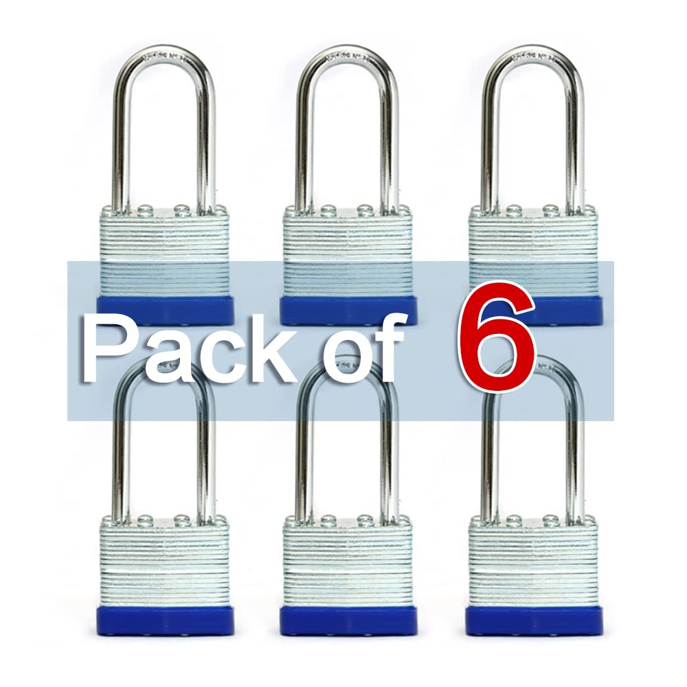LanuBe Laminated keyed Padlock (1-9/16", 40mm), keyed Alike Locks, Long Shackle,Marked Blue Plastic Hoop, Pack of 6…