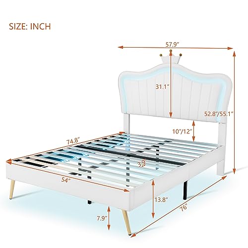 Lucakuins Led Full Size Upholstered Bed Frame with LED Lights,Modern Upholstered Princess Bed with Crown Headboard,Whit