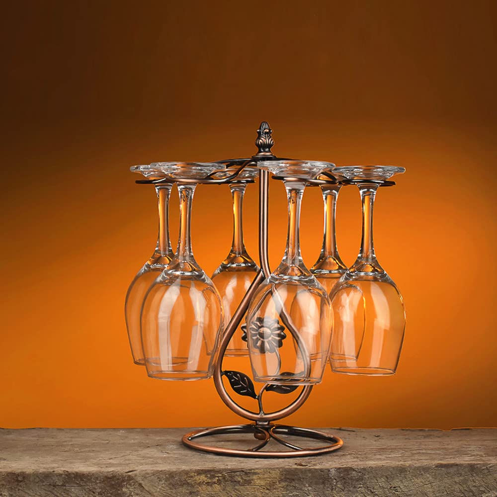 Homya Wine Glass Holder, Elegant Freestanding Table Top Goblet Storage/Wine Glass Holder with 6 Hooks Kitchen Glass Accessories for Home Bar, Bronze