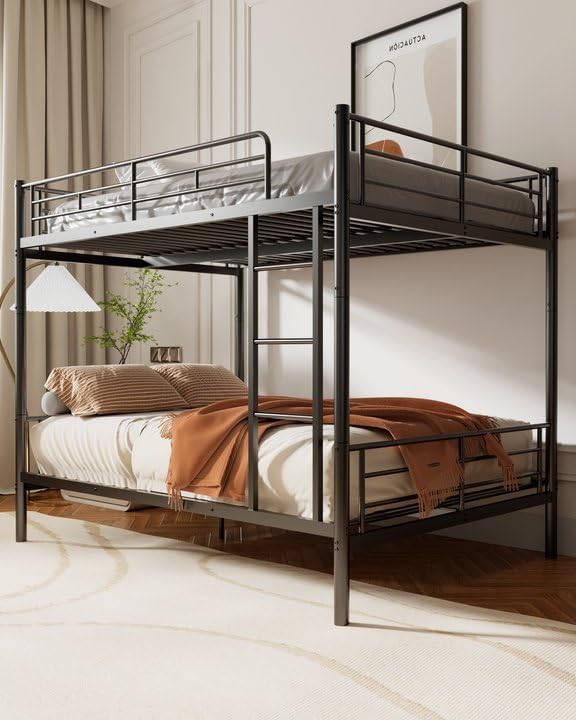 Miscoos Full Over Full Metal Bunk Bed for Kids, Convertible into 2 Separate Full Beds, Heavy Duty Bunk Bed Frame with High Guardrail and Built-in Ladder, No Box Spring Needed, Noise Free, Black