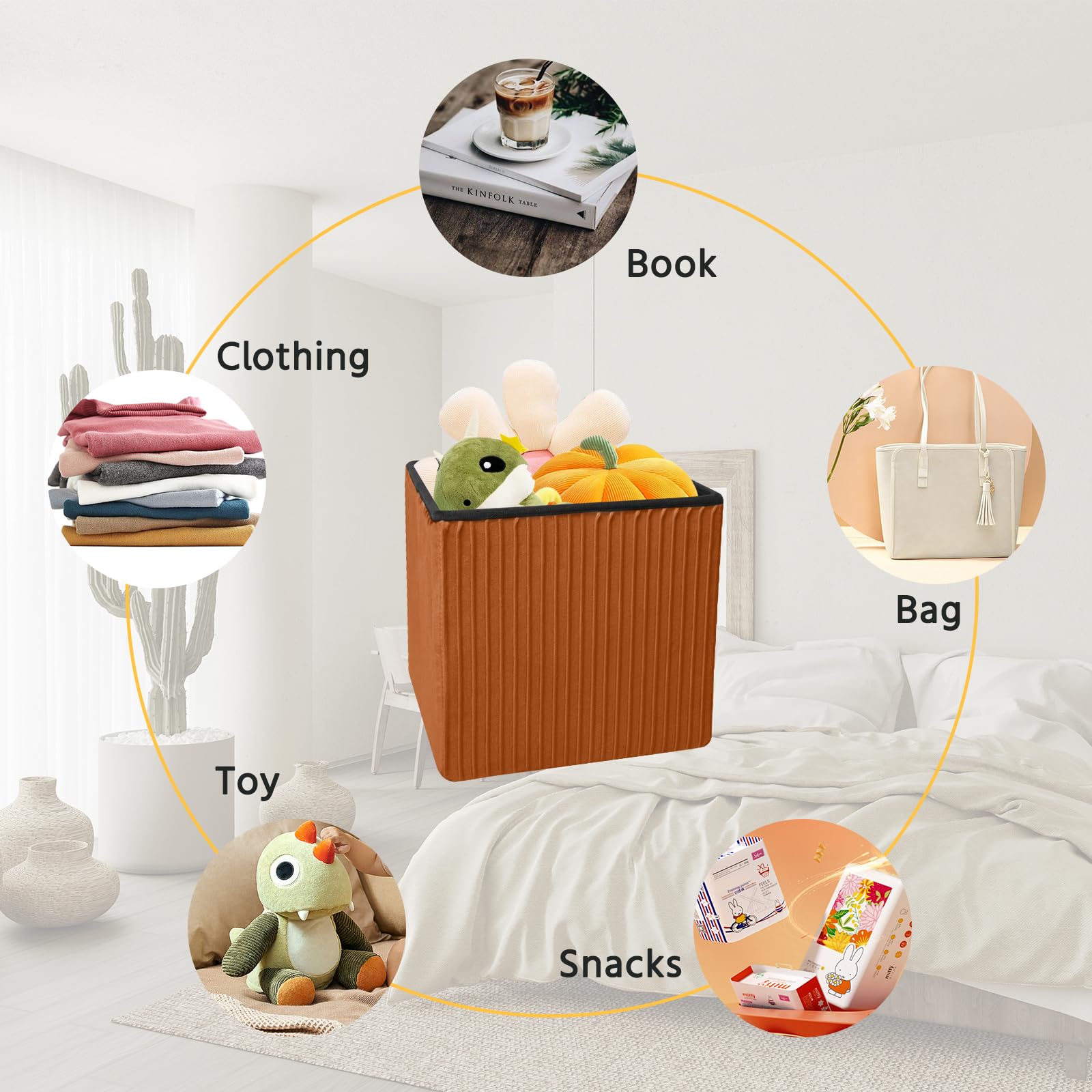 ECOMEX Folding Storage Ottoman Cube, 11.8 Inches Small Storage Ottoman with Padded Seat Foldable Cube Ottoman with Storage Velvet Cube Ottoman for Bedroom Living Room, Orange