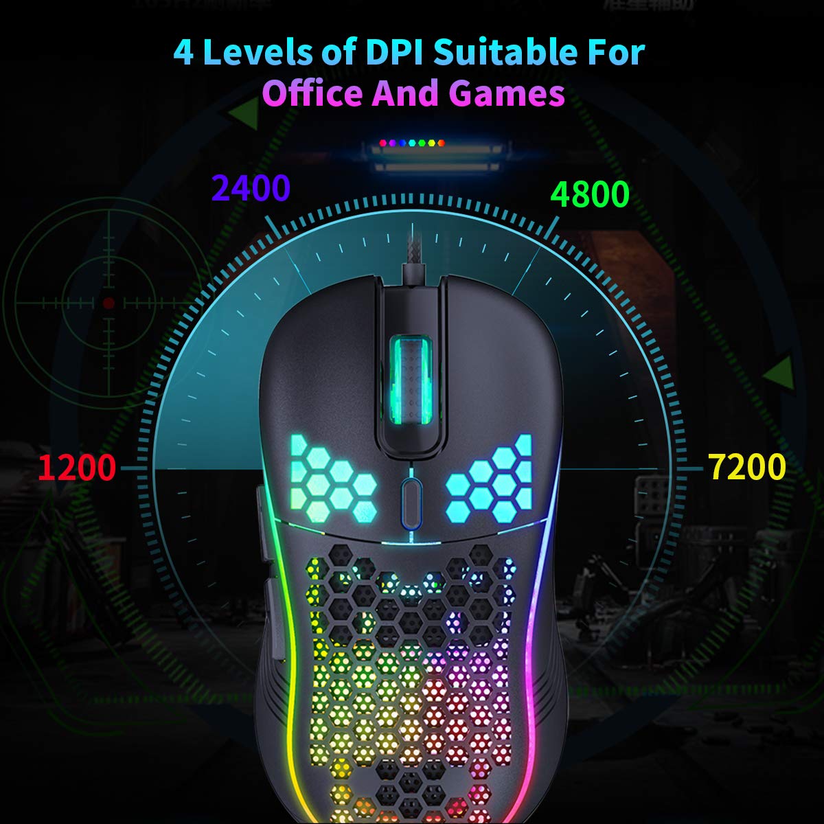 HETOETF Lightweight Gaming Mouse, Wired USB PC Gaming Mice with Ultralight Honeycomb Shell, RGB Chroma LED Light, 7200 DPI Adjustable, Programmable 6 Buttons Mouse for Windows 7/8/10/XP