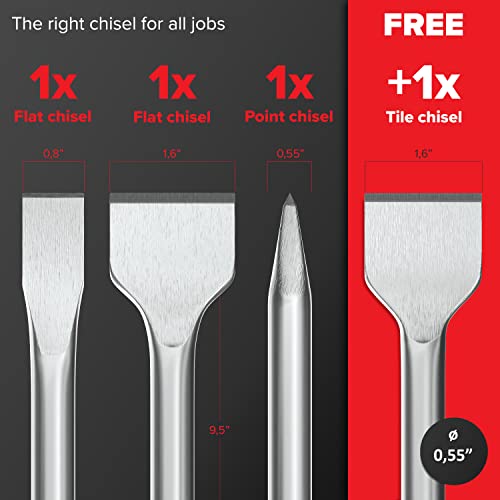 KSP-Tec - SDS-Plus Chisel Set for SDS+ Rotary Hammers โ with Tile Chisel โ with Storage Case for Masonry, Concrete, Brick, Stone (4pcs)