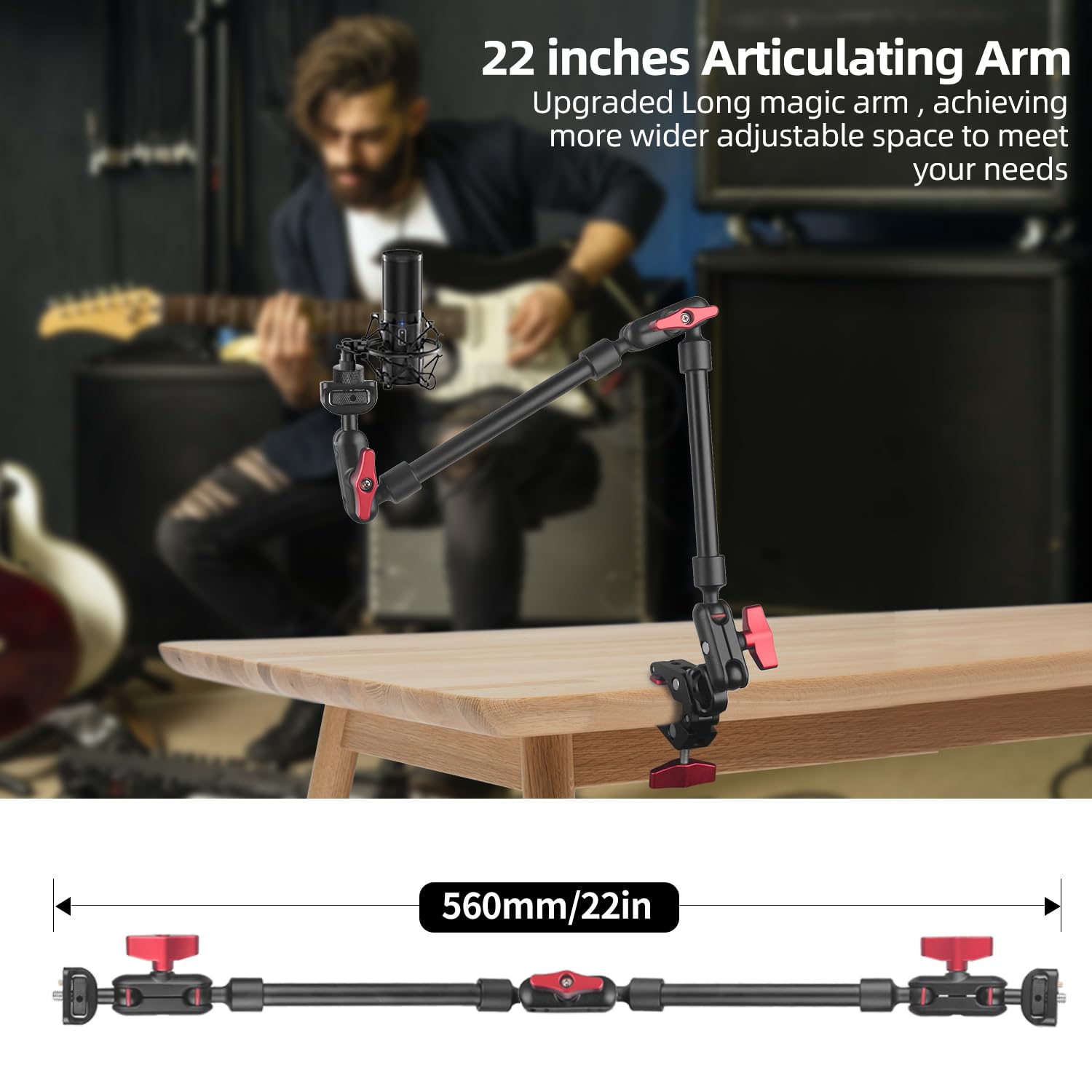 Hemmotop 22in Magic Arm with Clamp, Long Articulating Arm Camera Mount, Adjustable Phone Mount Holder 360° Rotation, Mic Arm for Microphone, LED Lights, for iPhone, Tripod, Desk, Table