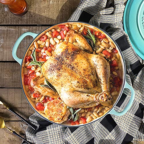 EDGING CASTING Enameled Cast Iron Dutch Oven Shallow Casserole Braiser with Dual Handle, 5.9-QT, Peacock Blue