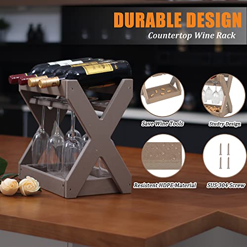 KORVOS Countertop Wine Racks with Glass Holder,4 Bottles Small Wine Rack,High-Density PE Tabletop Wine Bottle Holder for Kitchen, Living Room, Wine Cellar,Bar(Apricot Color)
