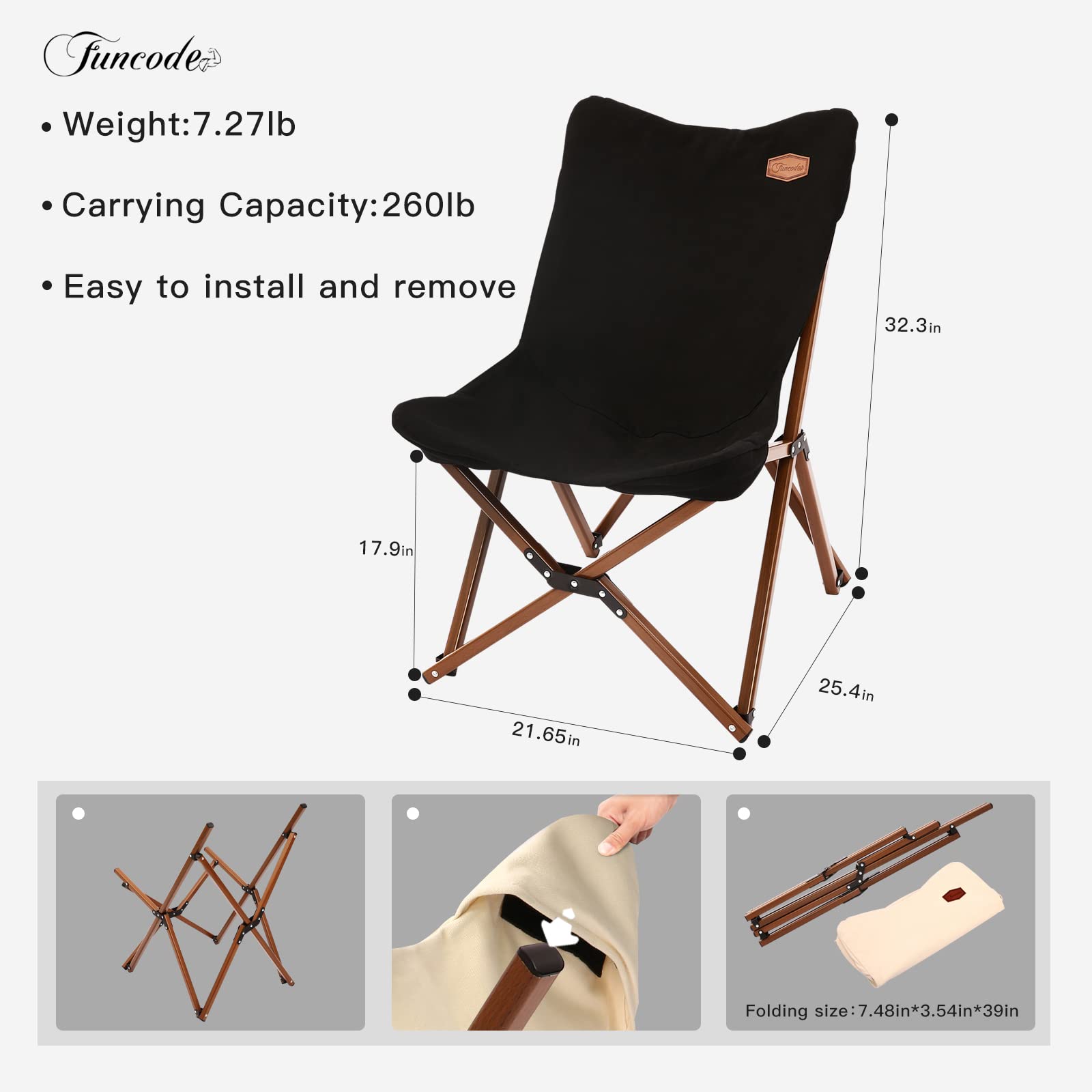 Funcode Portable Folding Camping Chair with Carry Bag for Camping,Beach,Picnic,Garden,Patio(BLACK01).