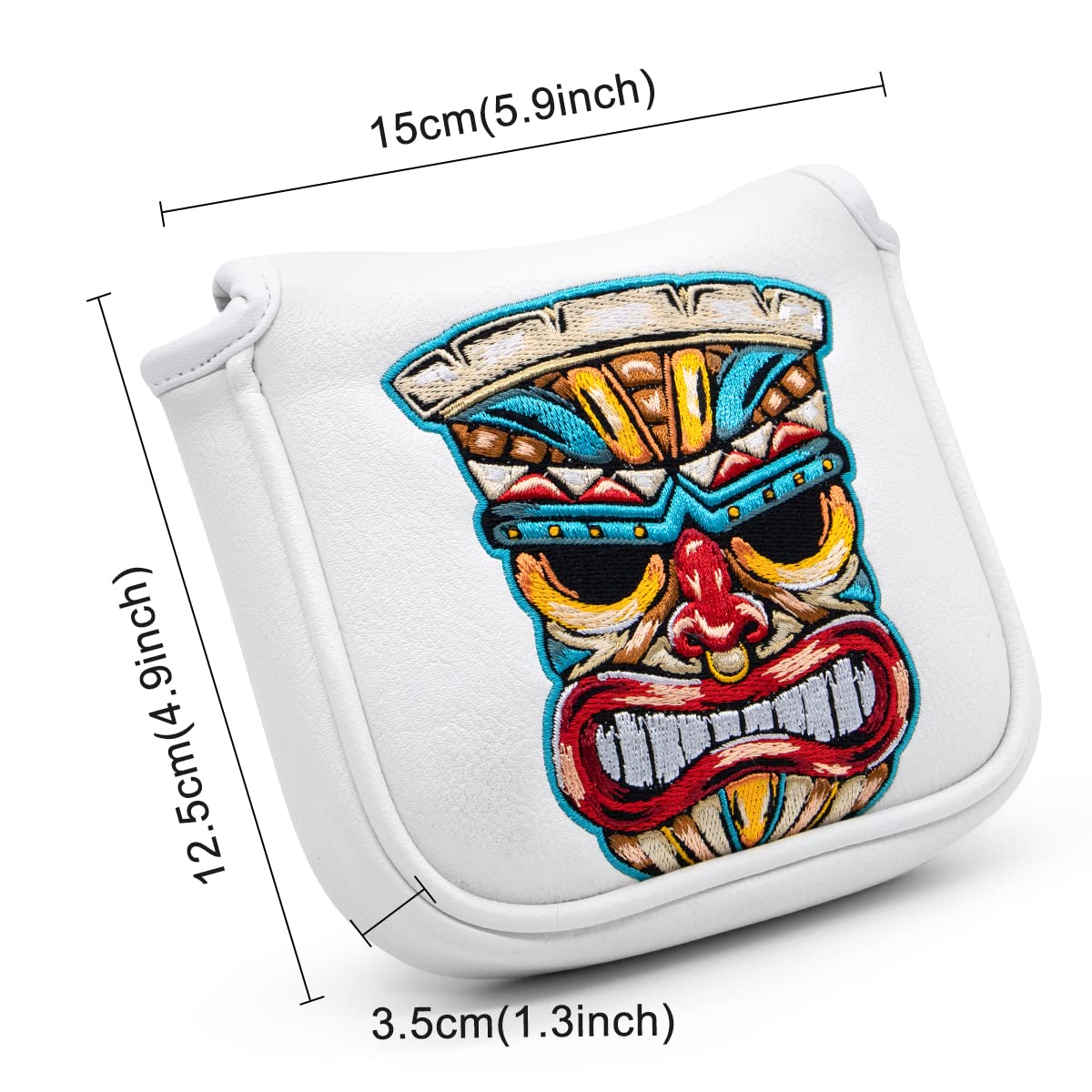 Golf Square Heel Shaft Mallet Putter Cover Headcover, Demon Mask Design Magnetic Closure Elegant Embroidery Premium Leather Headcovers
