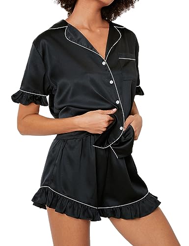 SWOMOG Women Silk Satin Pajama-Sets Short Sleeve Sleepwear Summer Loungewear 2 Pcs Nightwear Ruffle Hem Pyjamas Black