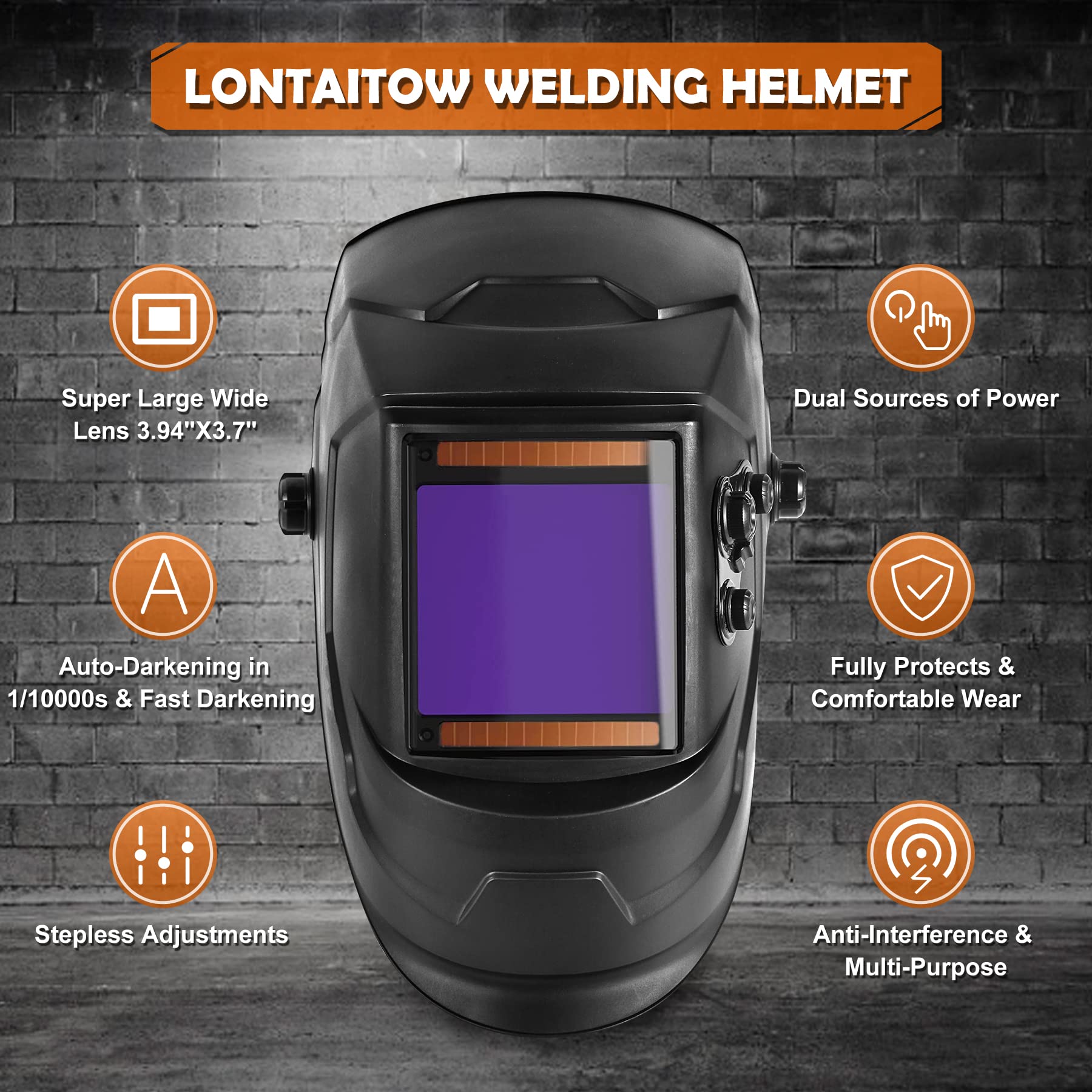 LONTAITOW Large Viewing Screen 3.94"X3.66" True Color Solar Powered Auto Darkening Welding Helmet, 4 Sensor & Wide Shade Range 4~5/9-9/13 Welding Mask for TIG MIG ARC Weld Grinding (Black)