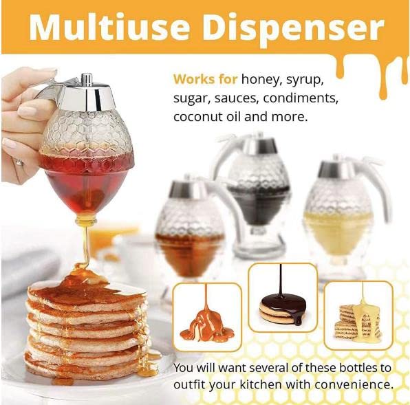 Honey Dispenser No Drip Glass - Maple Syrup Dispenser Glass - Beautiful Honey Comb Shaped Honey Pot - Honey Jar with Stand, Great Bee Decor