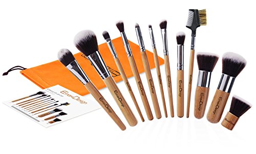 EmaxDesign 12 Pieces Makeup Brush Set Professional Bamboo Handle Premium Synthetic Kabuki Foundation Blending Blush Concealer Eye Face Liquid Powder Cream Cosmetics Brushes Kit With Bag