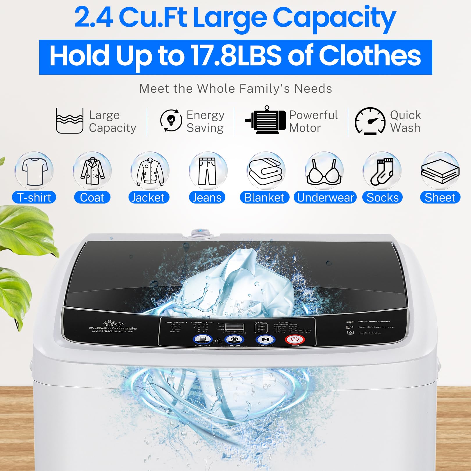 Nictemaw Portable Washing Machine 17.8Lbs Full Automatic Portable Washer, 2.4 Cu.ft Compact Laundry Washer with 10 Programs & 8 Water Levels, Built-in Drain Pump, Energy Saving for Apartment Dorm RV