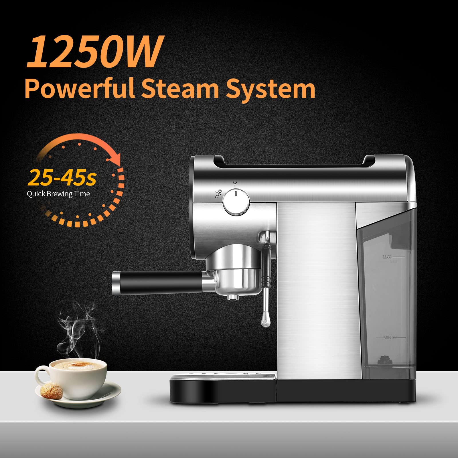 ILAVIE Espresso Machine with Steamer, 20Bar Espresso Coffee Machine with 30 oz Removable Tank for Cappuccino, latte, Compact Espresso Maker for Home Office, 1250W
