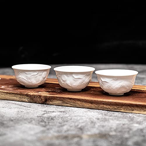 HonHeam Handmake Ceramic Mini Kungfu Tea Cups, Chinese Embossed Dragon Style White Porcelain Tiny Teacups,Tea Bowl Cup set of 6