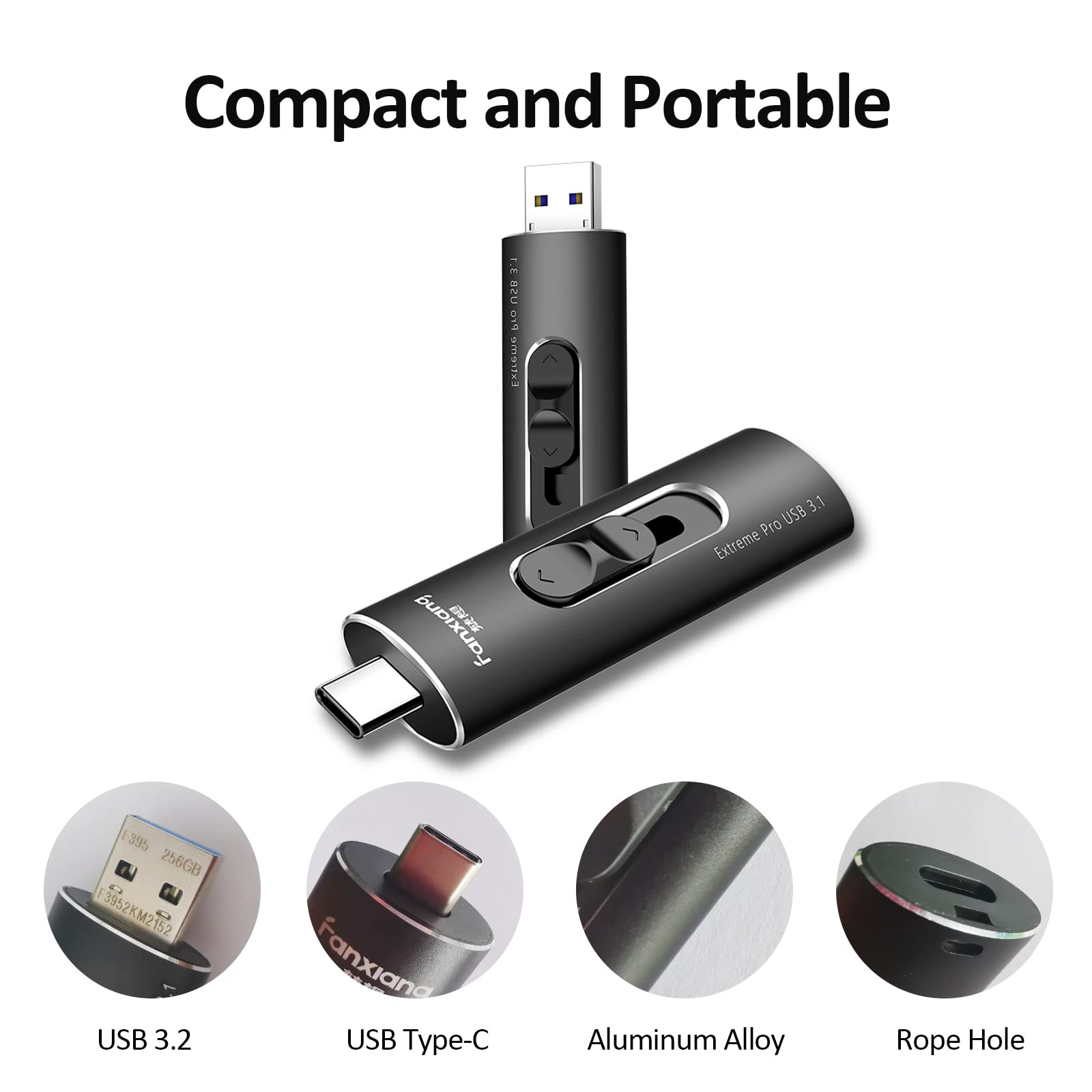 Fanxiang F395 256GB Solid State Flash Drive USB C Thumb Drive, USB 3.1 Dual Interface USB Type-C Memory Photo Stick 550MB/s Super Fast Transfer Speed for OTG Type-C Phone, PC, Laptop, MacBook(Black)