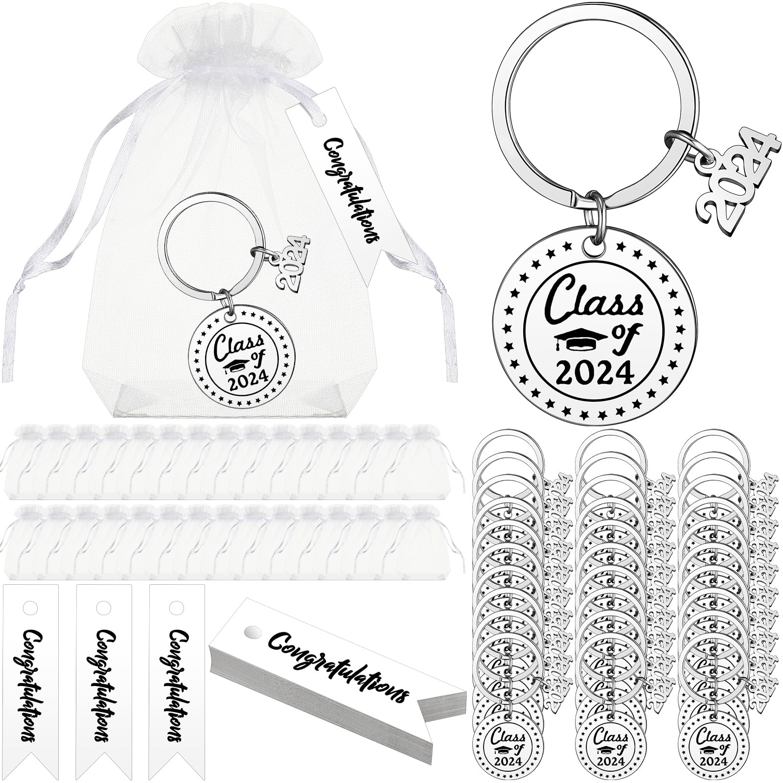 Kigeli 30 Pcs Class of 2024 Keychain Graduation Gift Keychain Bulk Inspirational Key Chain for Senior High School College (Simple)