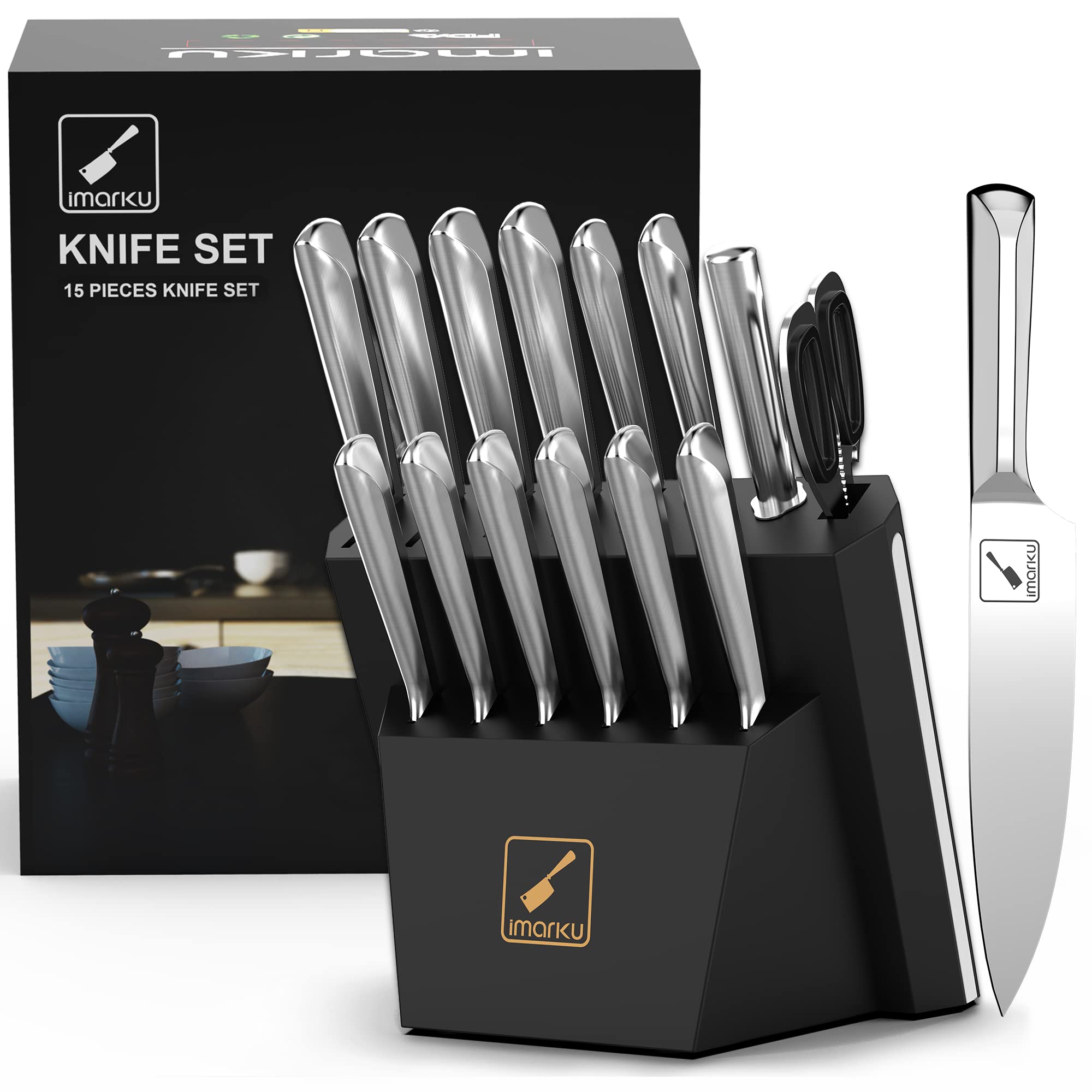 imarku Knife Set, 15PCS Kitchen Knife Set with Diamond Shaped Handle, Dishwasher Safe Knife Block Set, Premium German High Carbon Stainless Steel Chef Knife Set, Valentines Day Gifts for Him Her