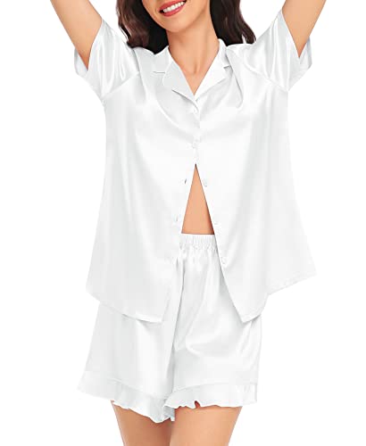 SWOMOG Womens Silk Satin Pajamas Set Two-piece Ruffle Sleepwear Loungewear Button-Down Pj Sets White