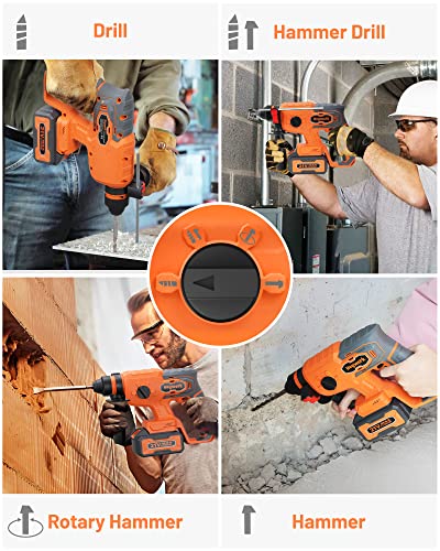 Heywork Cordless Rotary Hammer Drill, 4 Modes Variable Speed and Adjustable Handle, SDS-Plus Chuck Hammer Drill with 21V 2*4.0Ah Li-ion Battery and Charger, Electric Hammer Drill for Wall, Concrete.