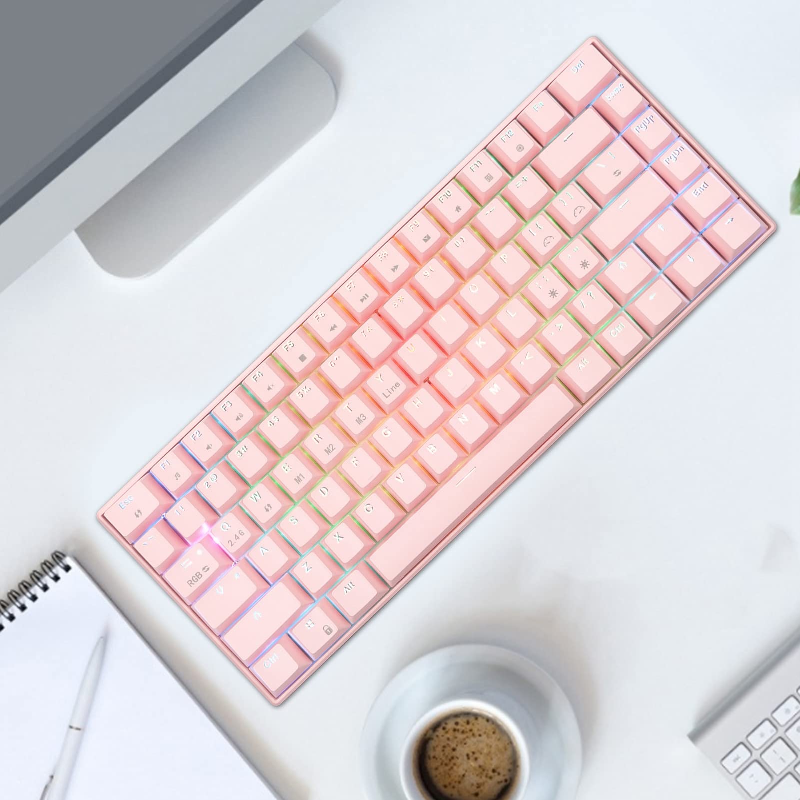 Mechanical Keyboard 82 Key, 3 Connection Modes RGB Backlight Keyboard, Ergonomic Pink Gaming Keyboard for Office, Supports 2.4G Wireless, Bt 3.5/5.0 and Type C Wired Connection (Linear Action Switch)