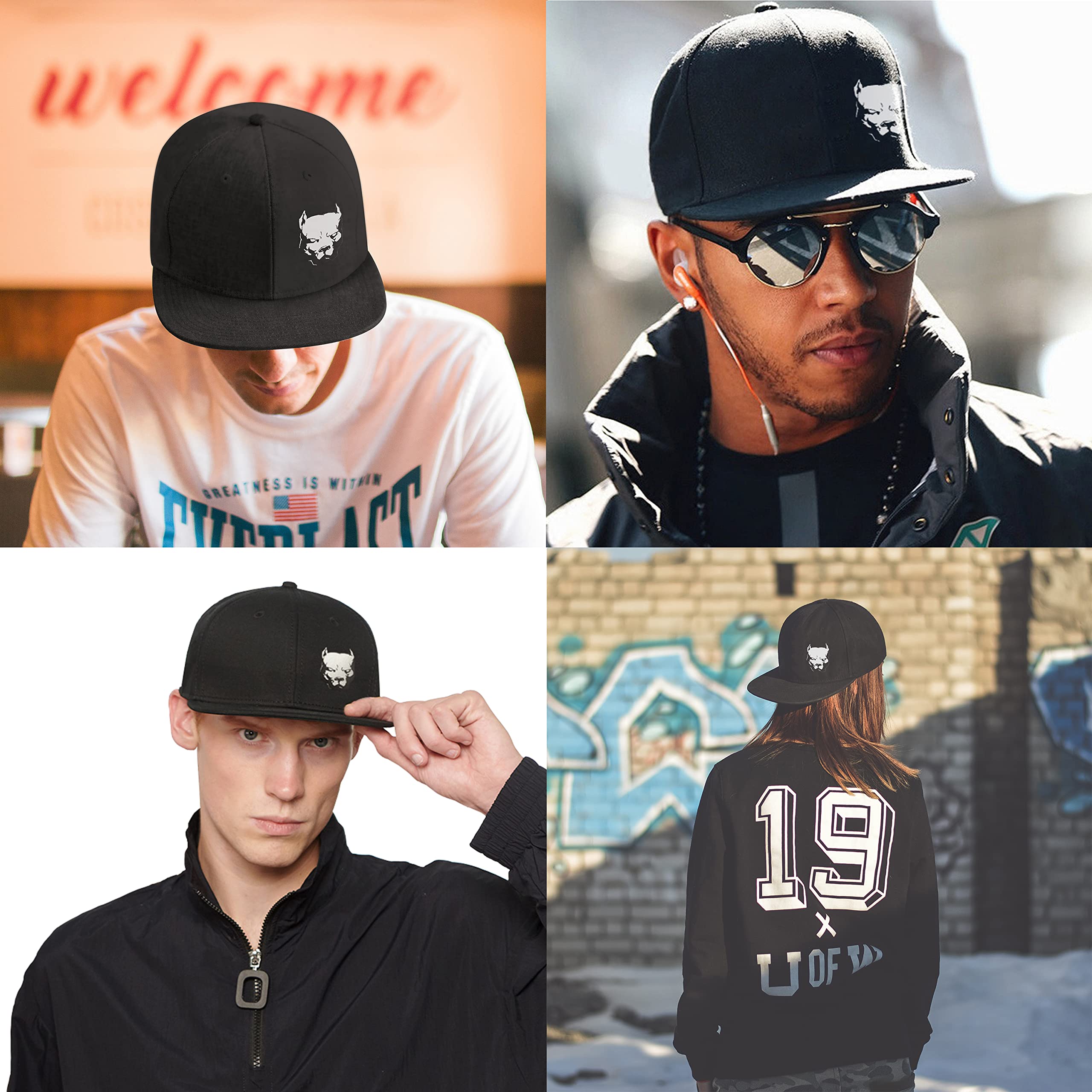 Flat Bill Hats for Men Snapback Snap Backpack Hat for Men Wide Brim Pitbull lids Black Trucker Dad Baseball Cap Cool Rock Roll Boys Caps Adjustable
