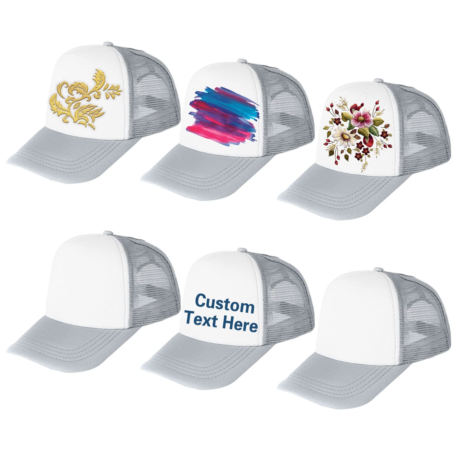 Funkeet 6 Pack Sublimation Blank Trucker Plain Baseball Mesh Back DIY Embroidery Printing Cap, Grey, Medium