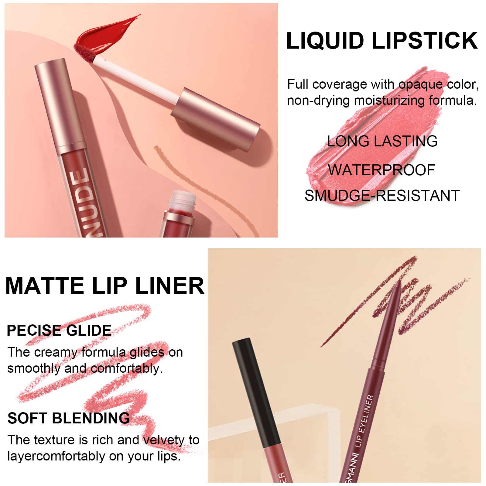 KIMIEYE 6Pcs Lip Liner + Matte Liquid Lipstick Set, Super Long Lasting Waterproof Non-Stick Cup Velvety Nude lipstick Kit, High Pigmented Lip Makeup Gift Set for Women (6PCS,Set A)