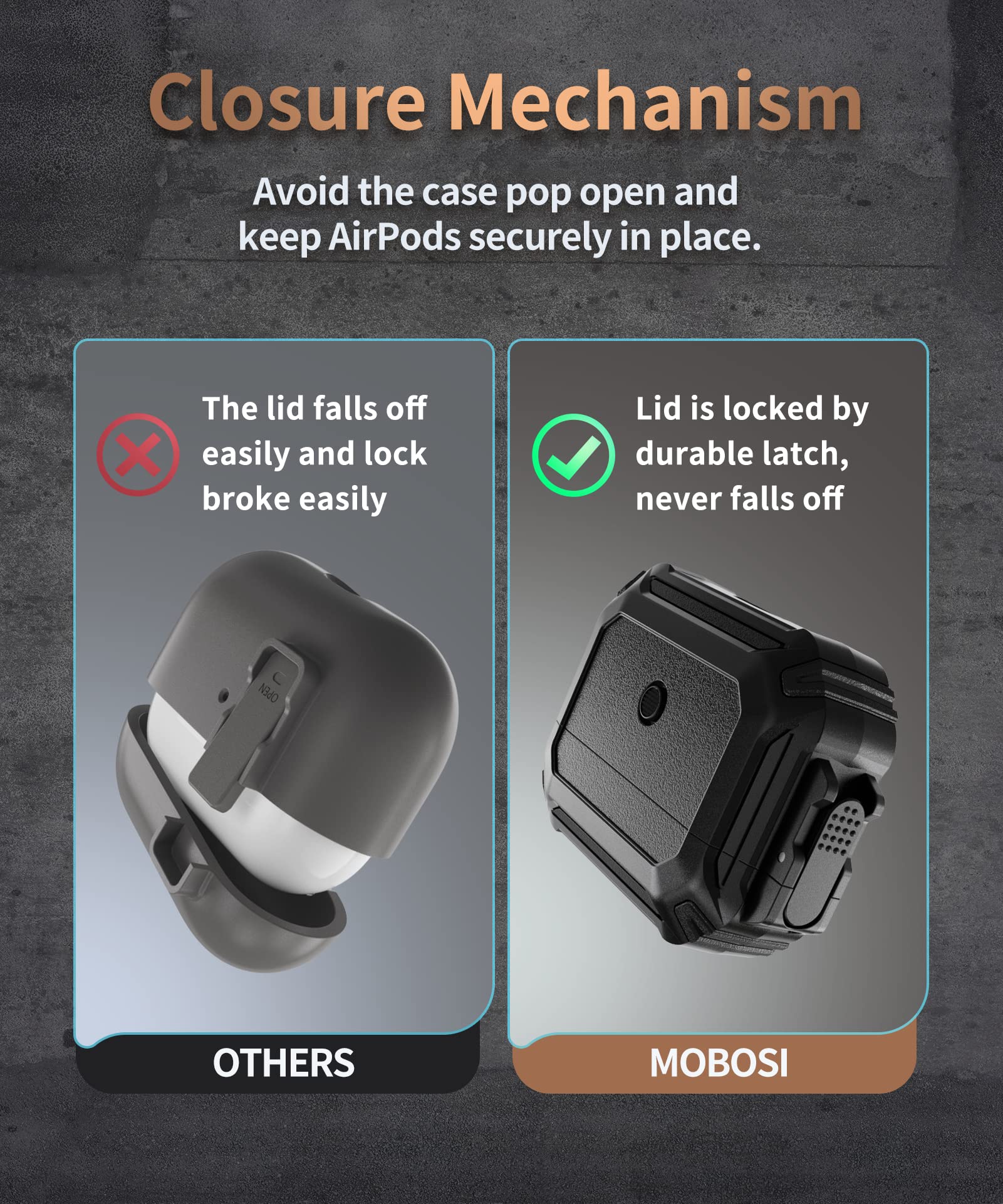 MOBOSI Case with Spring Lock Clip, [Top Cover Never Falls] Hard Rugged Protective Pop-up Case Cover with Keychain for Men, Full-Body Shockproof Case for AirPods Pro, Black