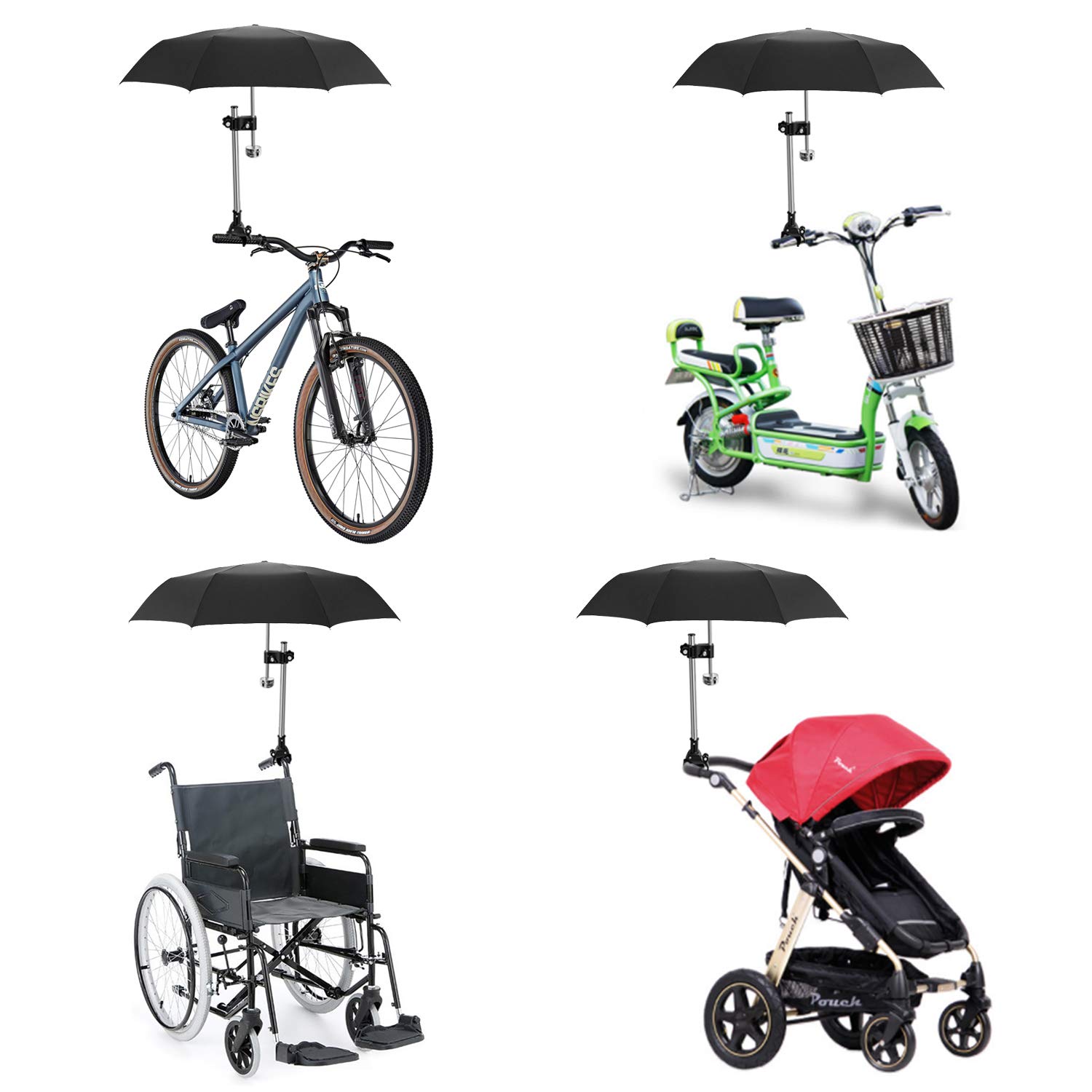 Flexzion Bicycle Umbrella Clamp Holder Mount Stand Handlebar Wheelchair Umbrella Universal Clamp Connector Frame Stroller Umbrella Attachment Quick Mount Dismount Adjustable Durable Length Tube Handle