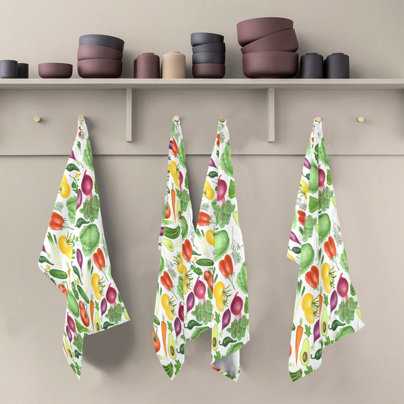 JSTEL Vegetable Kitchen Towels Set of 4,Quick Dry Dish Drying Towels Rectangle 18x28 inch Microfiber Kitchen Hand Towels Vegetable Pattern