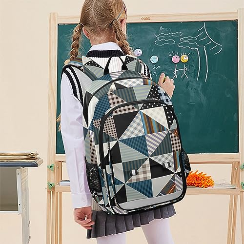 ODAWA Patchwork Geometric Pattern Kids School Backpack with Reflective Strips Laptop Bookbag for Women Travel Daypack
