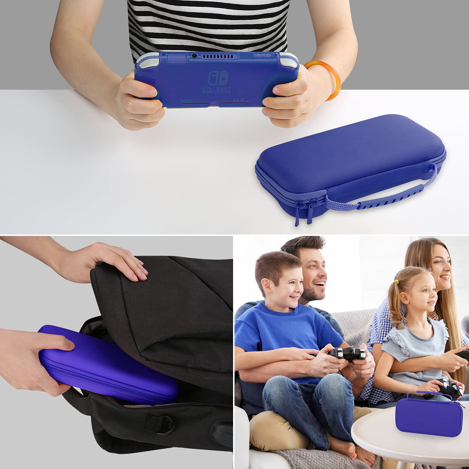 HEYSTOP Compatible with Switch Lite Carrying Case, Switch Lite Case with Soft TPU Protective Case Games Card 6 Thumb Grip Caps for Nintendo Switch Lite Accessories Kit(Blue)