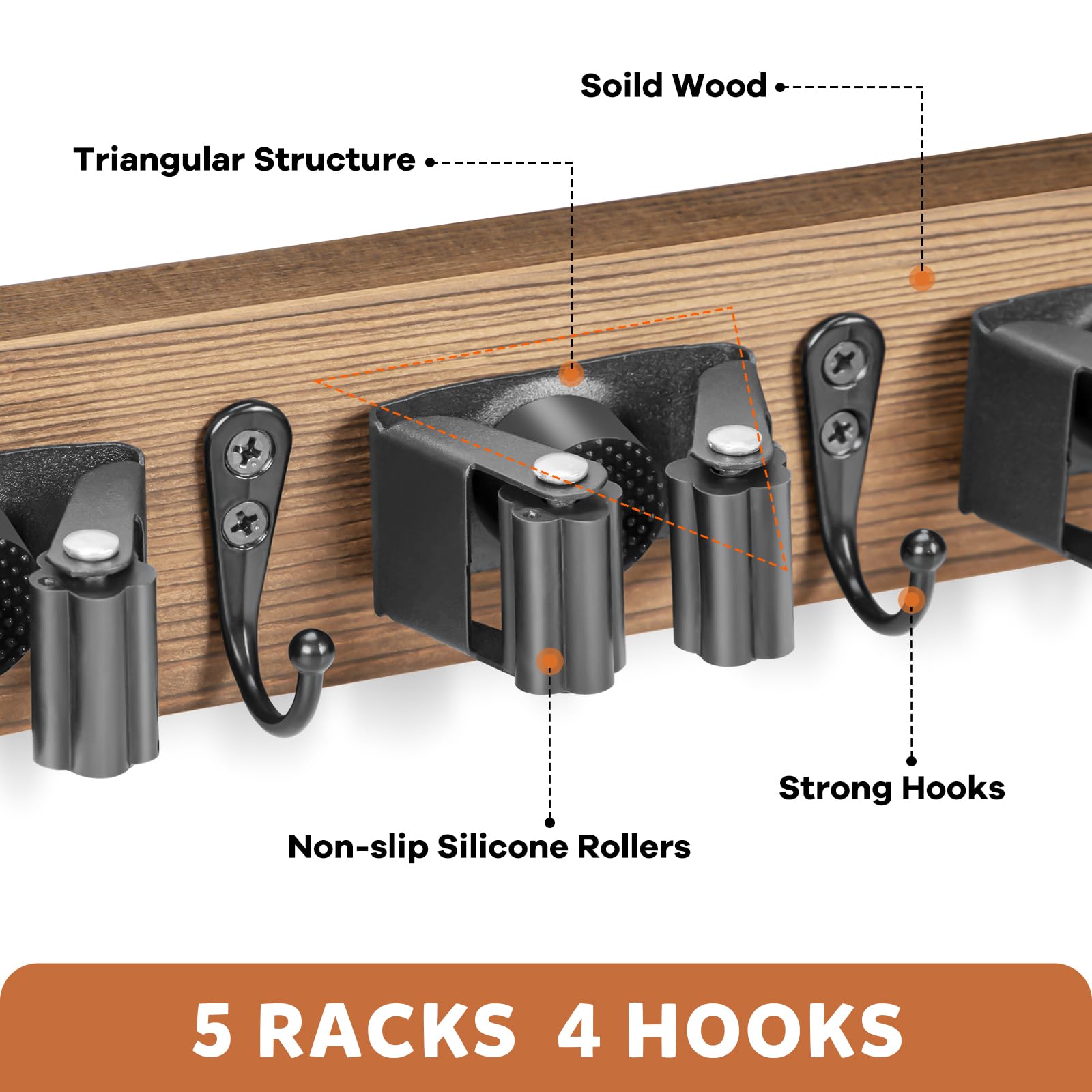 IMILLET Broom Holder Wall Mount, Wood Broom Holder with 5 Racks and 4 Hooks Broom Organizer, Laundry Room Organization and Storage, Mop Holder for Home Organization, Garden, Garage(2 Pack)