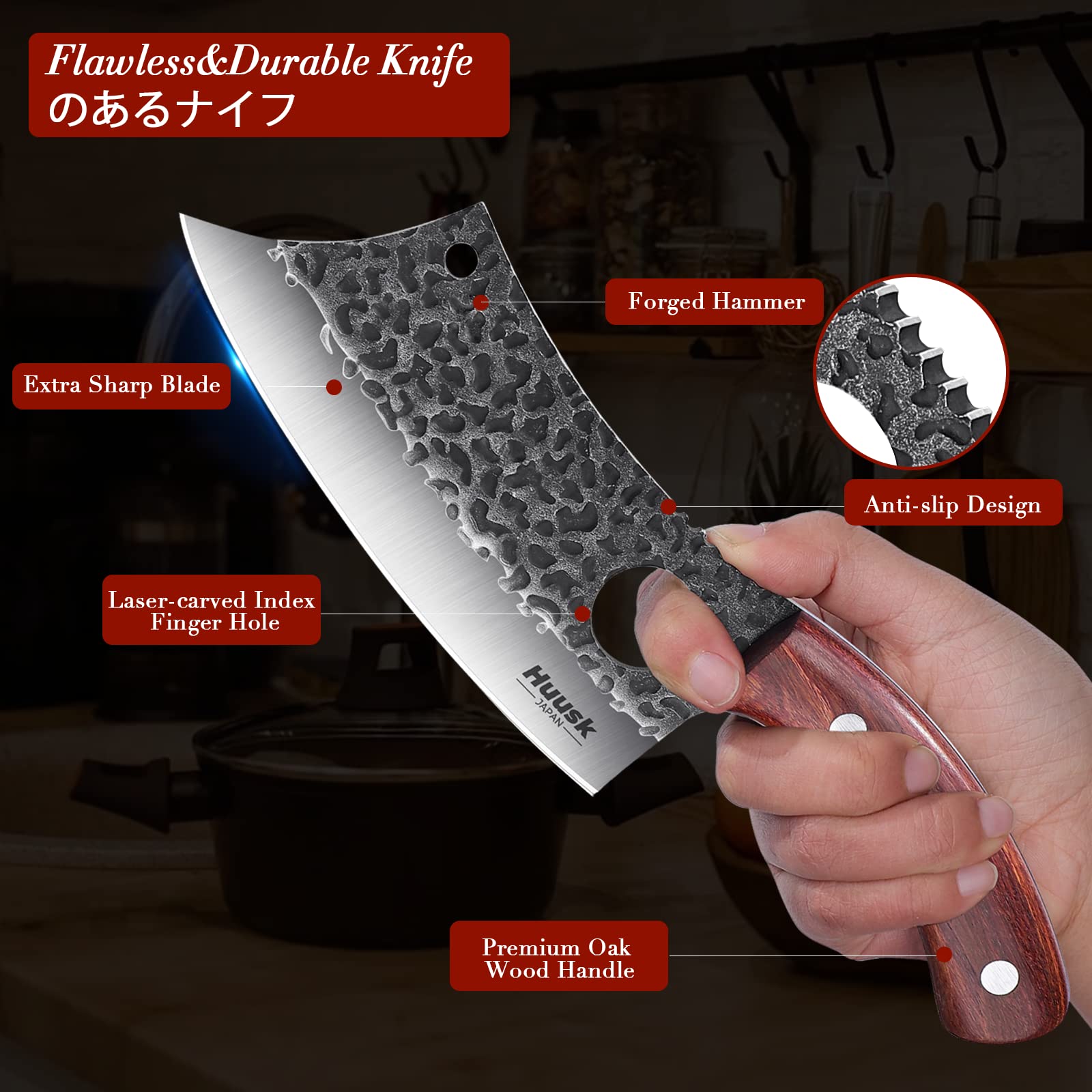 Huusk Meat Cleaver, Black Meat Cleaver Bundle with Outdoor Cooking Knife with Sheath Camping Knives BBQ Knife set