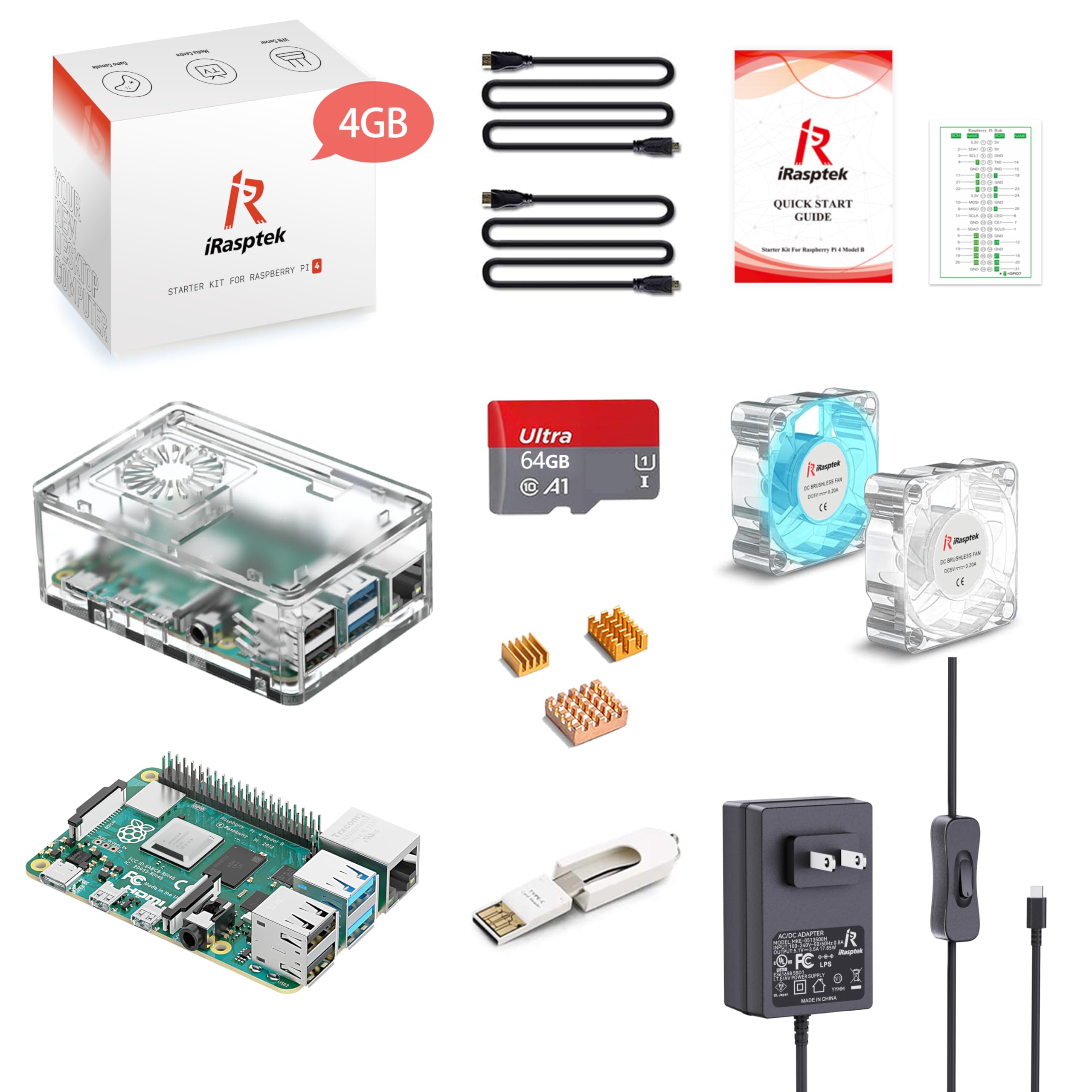 iRasptek Raspberry Pi 4 4GB Starter Kit - 64GB Edition, Raspberry Pi 4 Case with Cooling Fan, Raspberry Pi 5.1V 3.5A Power Supply with ON/Off Switch, HDMI Cables and More for Raspberry Pi 4B